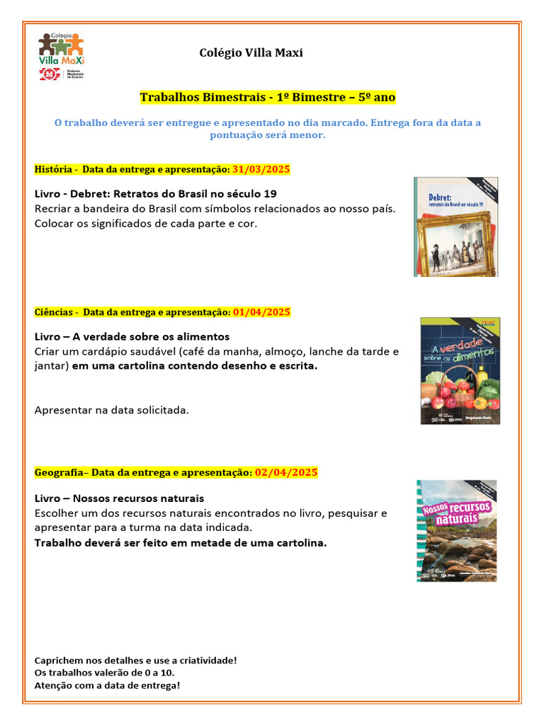 Trabalhos 5 Ano 1 Bimestre - 471126 | PDF
