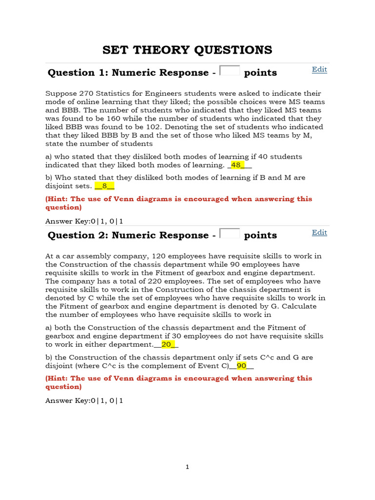 Set Theory Questions: Question 1: Numeric Response - Points | PDF | Car | Refrigerator