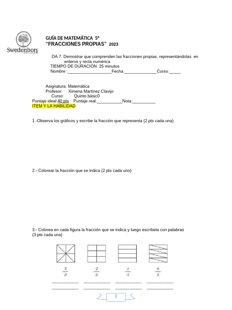 Control MATEMÁTICA 5 Fracc Propias | PDF