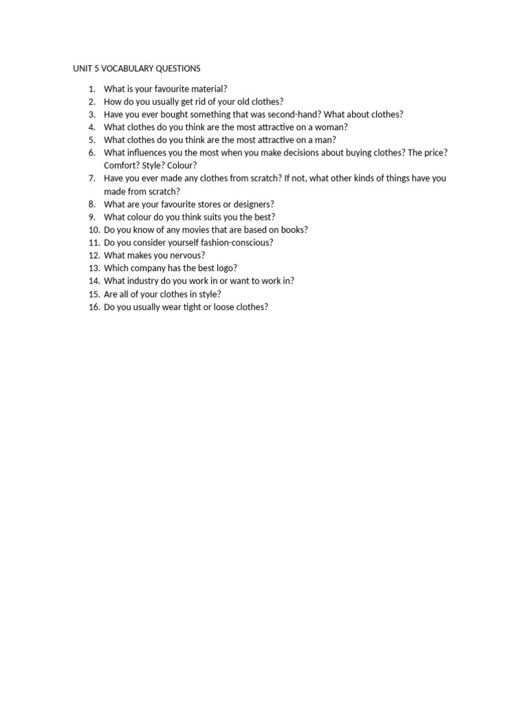 U5 Vocabulary Questions | PDF