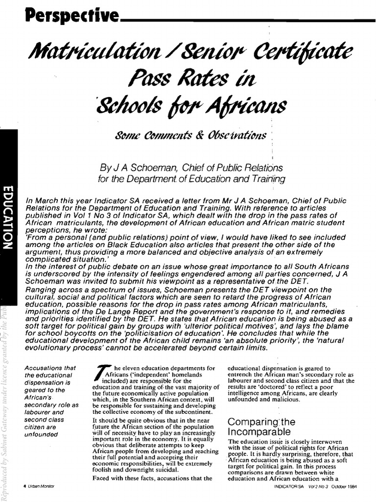 Schoeman 1984 Matriculation Senior Certificate Pass Rates in Schools ...