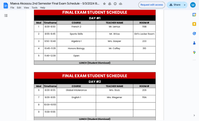 Maeva Akossou 2nd Semester Final Exam Schedule - 532024 81037 | PDF