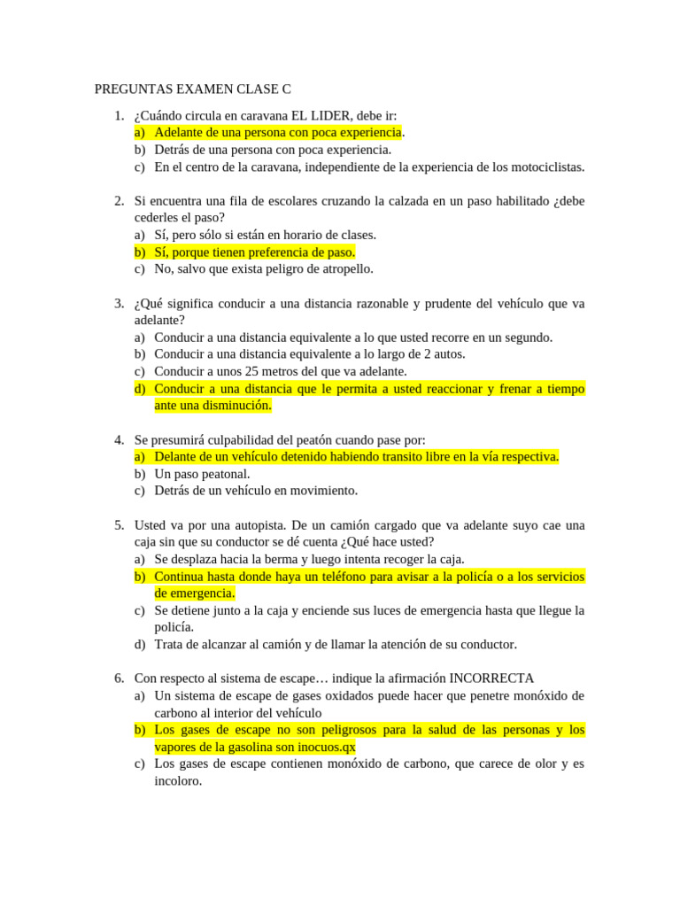 Preguntas Clave para Examen Clase C | PDF | Tráfico | Neumático