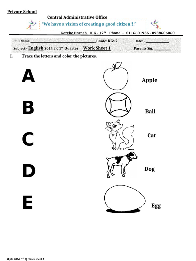 Kg 1 English Work sheet 1,2,3 | PDF
