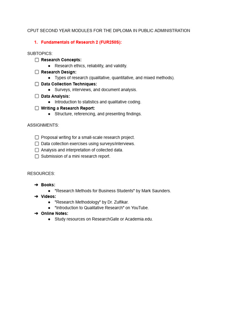 CPUT 2nd YEAR MODULES FOR THE (D) PUBLIC ADMINISTRATION | PDF ...