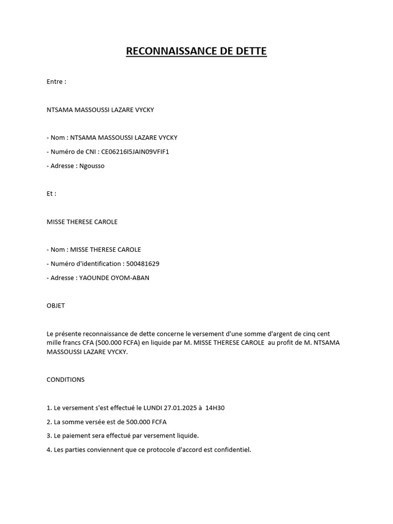 Reconnaissance de dette 500.000 FCFA | PDF