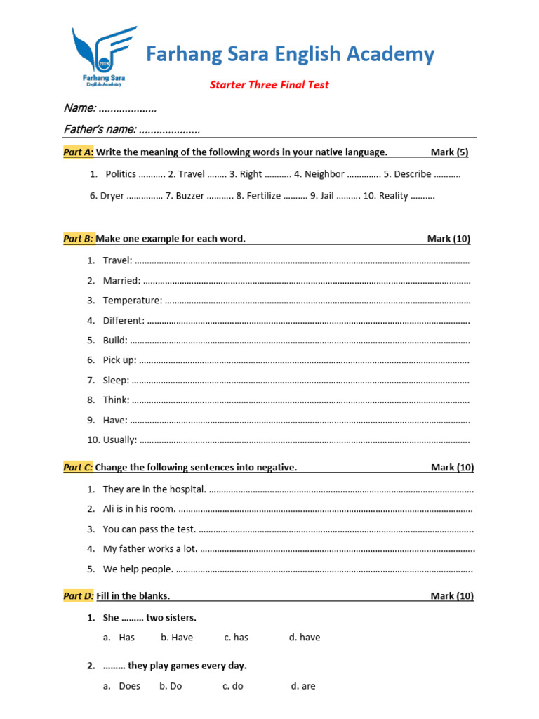 Test For Starter Three | PDF