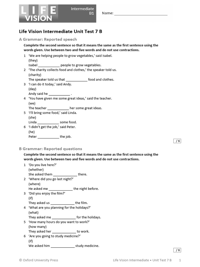 Life Vision Intermediate Unit Test 7 B | PDF | Vocabulary | Linguistics