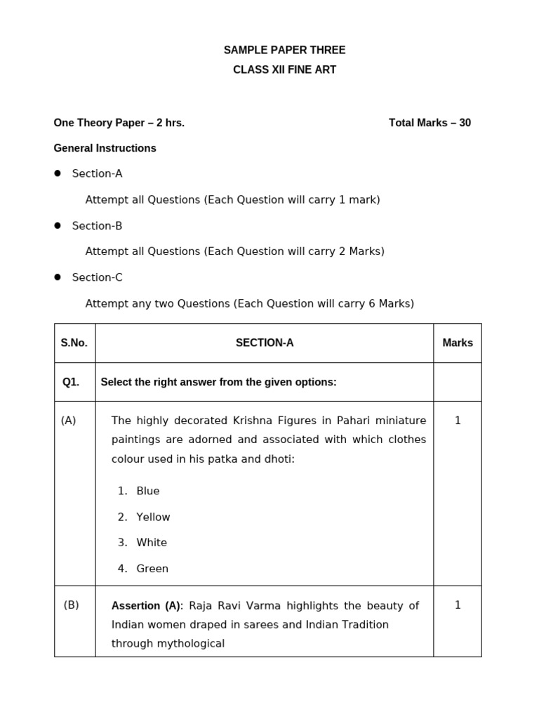 Class 12 Fine Arts Sample Paper | PDF | Paintings