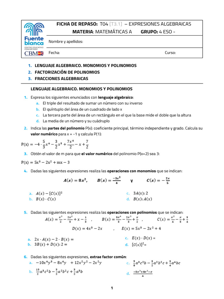 FICHA T04 - Expresiones Algebraicas | PDF | Factorización | Matemática Elemental
