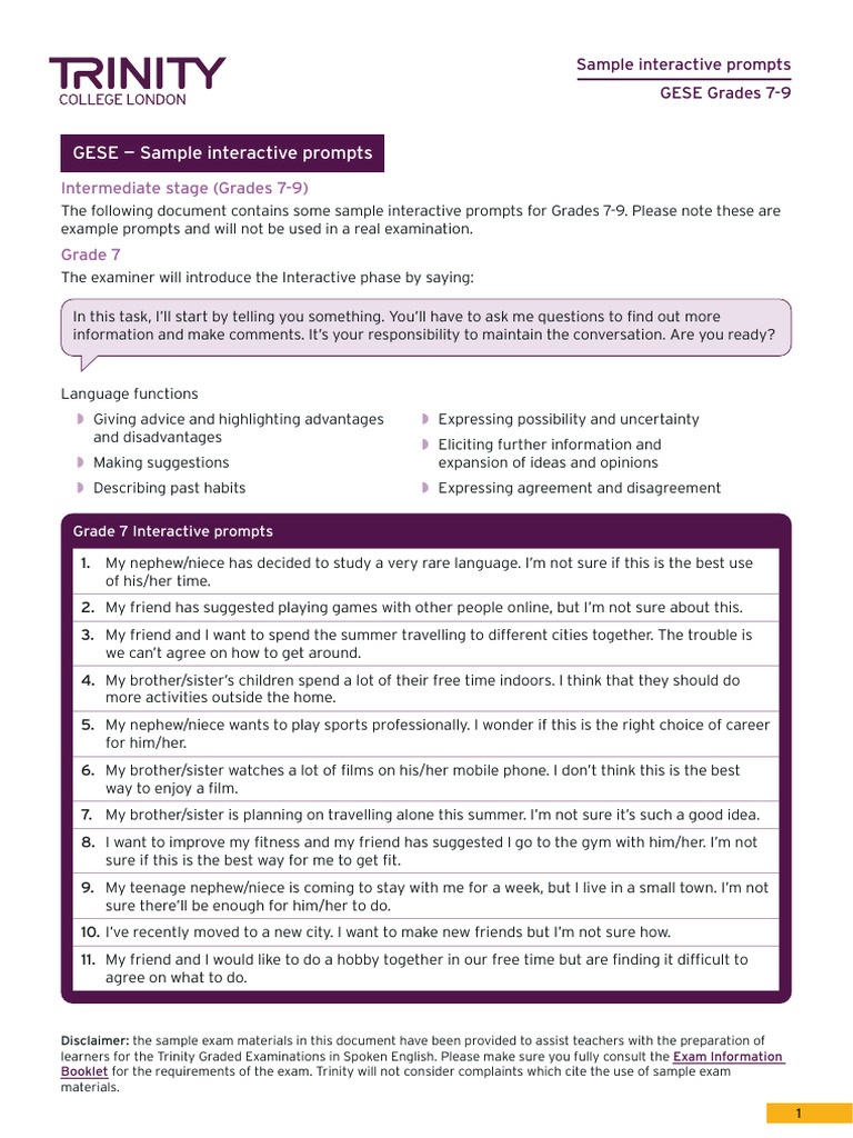 Trinity GESE Grades 7-9 Exam Prompts | PDF
