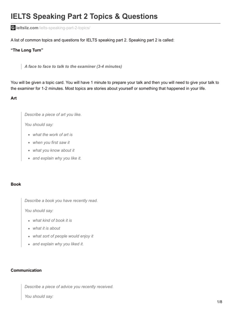 IELTS Speaking Part 2 Topics Amp Questions | PDF