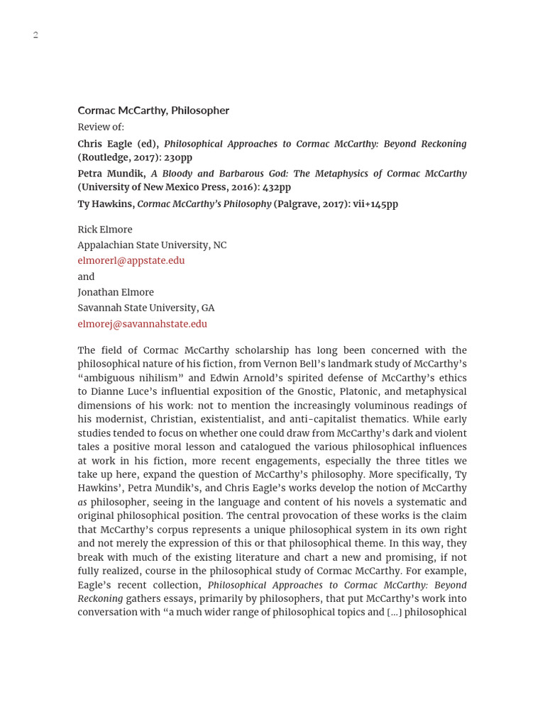 Metaphysics in McCarthy's Fiction | PDF | Philosophical Realism ...