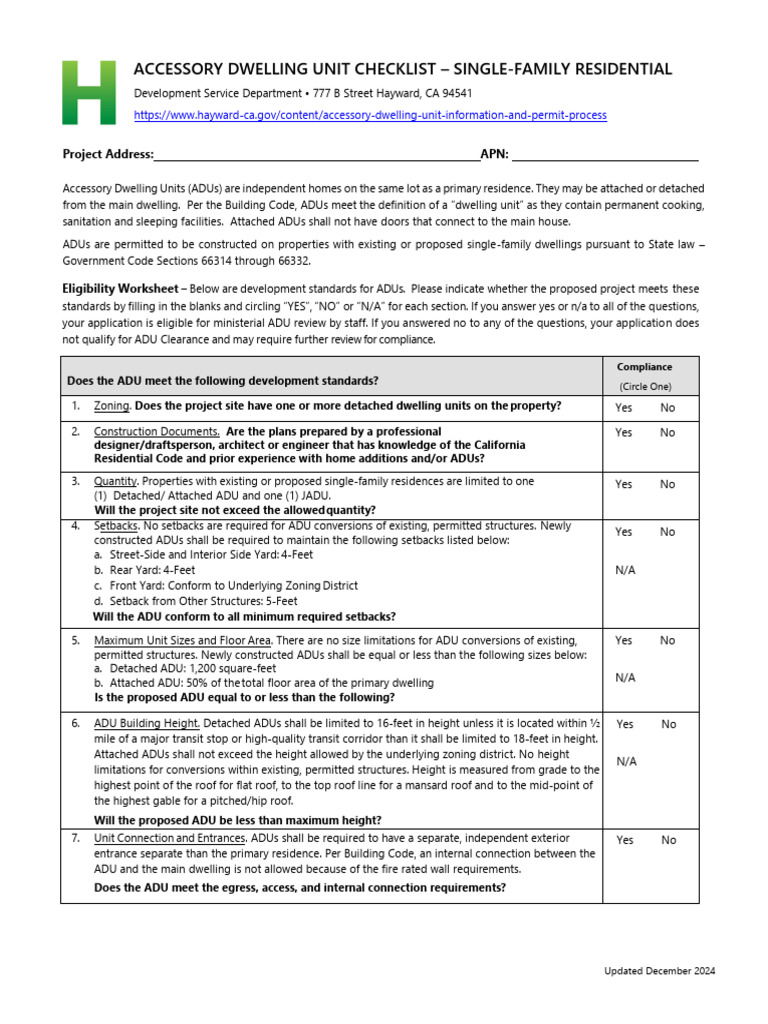 ADU Checklist for Single-Family Homes | PDF | Water Supply