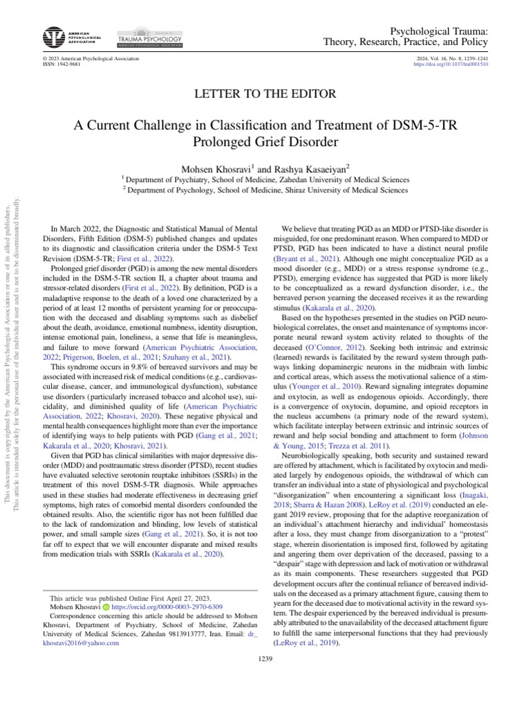 Current Challenge in Classification and Treatment of DSM 5 TR Prolonged Grief Disorder | PDF ...