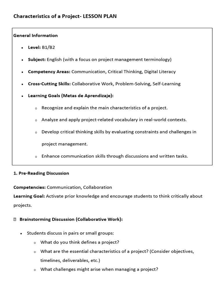 Project Management Characteristics Lesson Plan | PDF | Critical ...