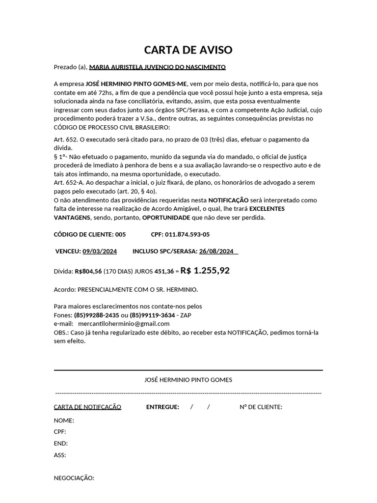 Carta de Aviso | PDF