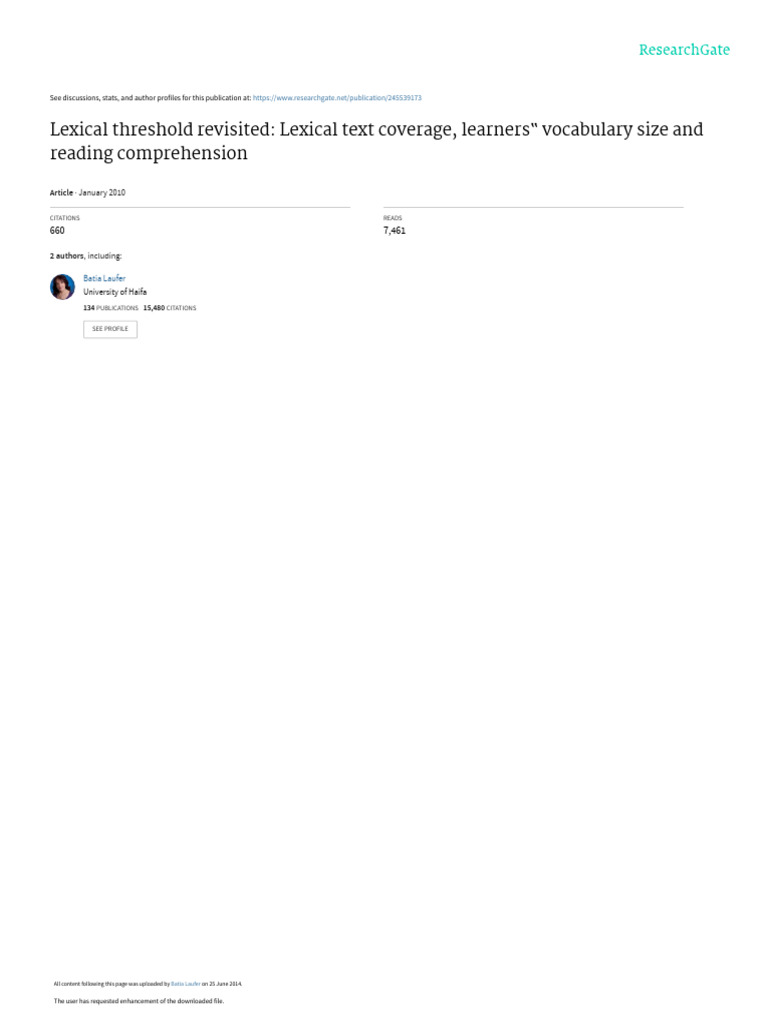 Lexical Threshold Revisited Lexical Text Coverage | PDF | Vocabulary ...