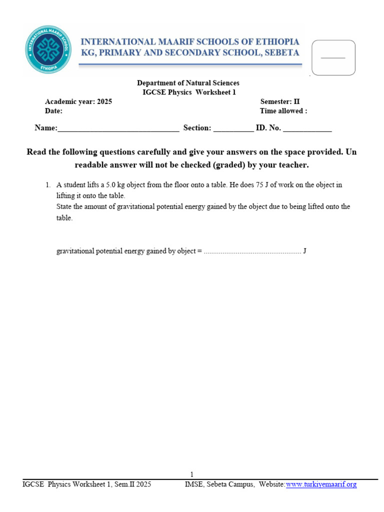 Physics Grade 9 Worksheet I Second Sem | PDF | Power Station ...