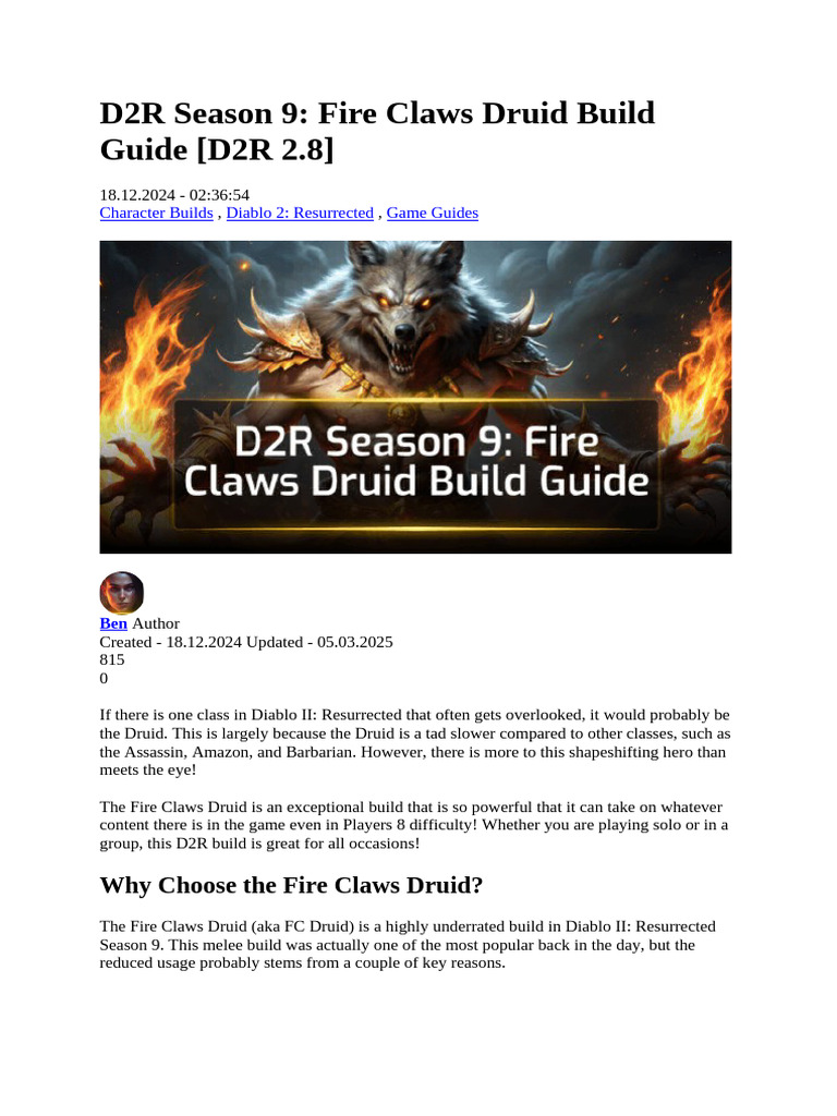 D2R Season 9 Fire Claws Druid Build Guide (D2R 2.8) | PDF | Werewolves