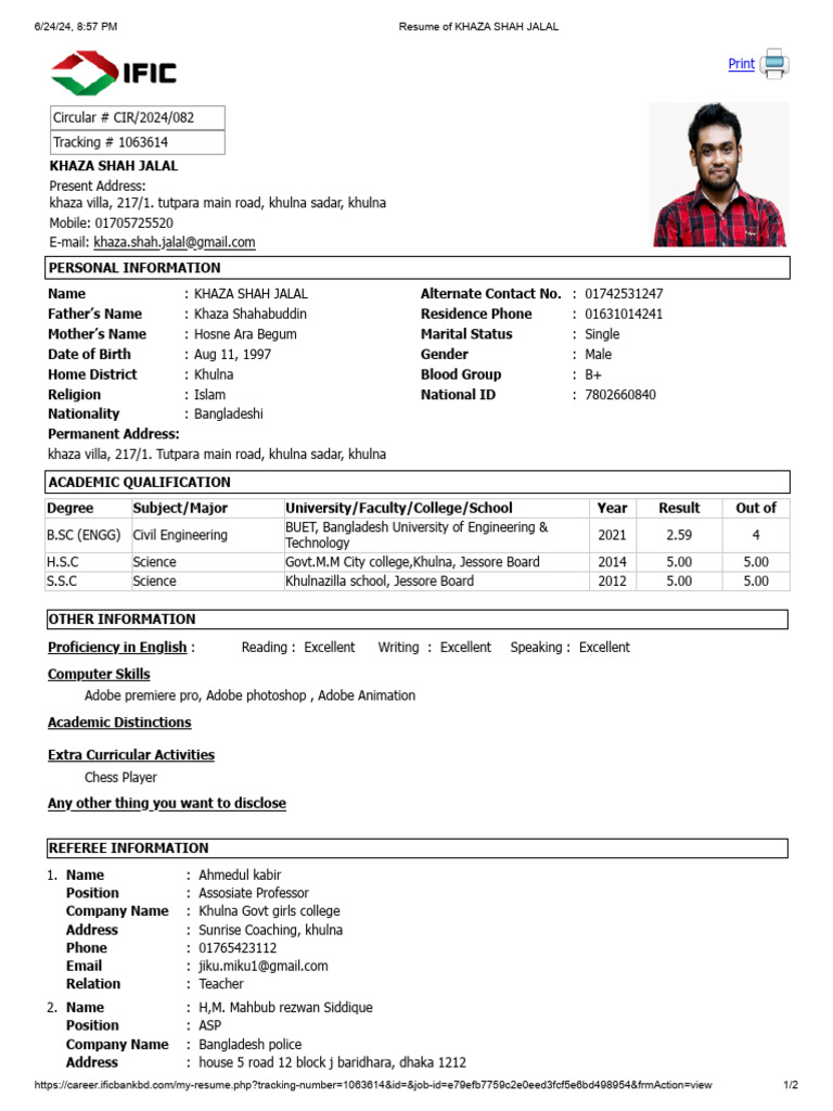 Resume of KHAZA SHAH JALAL | PDF | Bangladesh