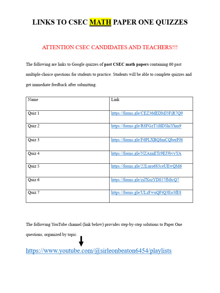 Links To Csec Math Paper One Quizzes | PDF