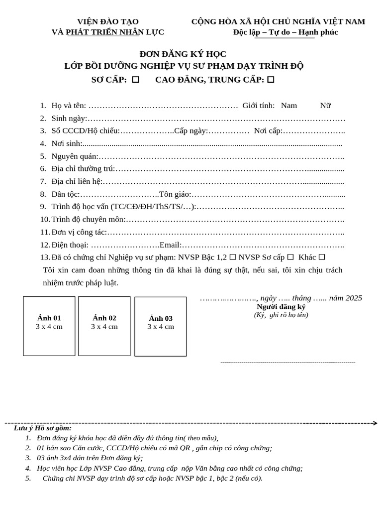 Đơn Đăng Ký NVSP 2025 | PDF