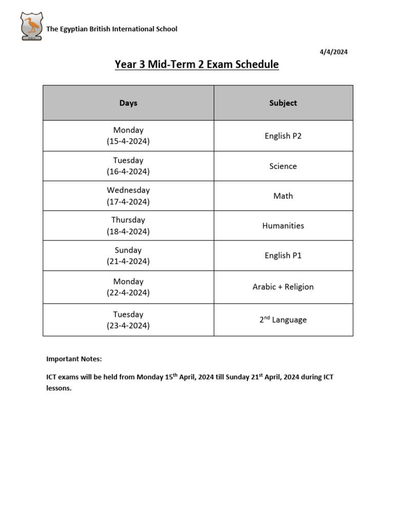 Year 3 Exam Schedule 2024 | PDF