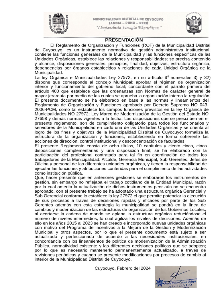 Reglamento de Organizacion y Funciones | PDF | Gobierno local | Alcalde