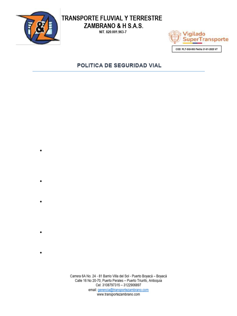 Plt-Sgi-003 Politica de Seguridad Vial | PDF | Seguridad vial | Transporte