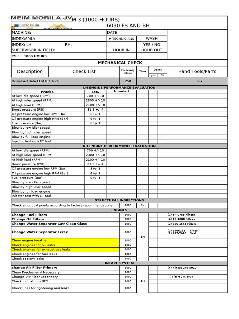 6030 Check List 1000 HRS PM3 | PDF | Oil | Engines
