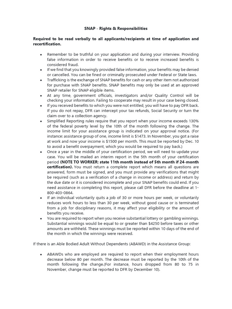 SNAP - Rights & Responsibilities | PDF | Supplemental Nutrition ...