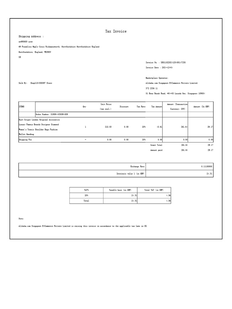 UK Tax Invoice for Alibaba Purchase | PDF | Invoice | Taxes