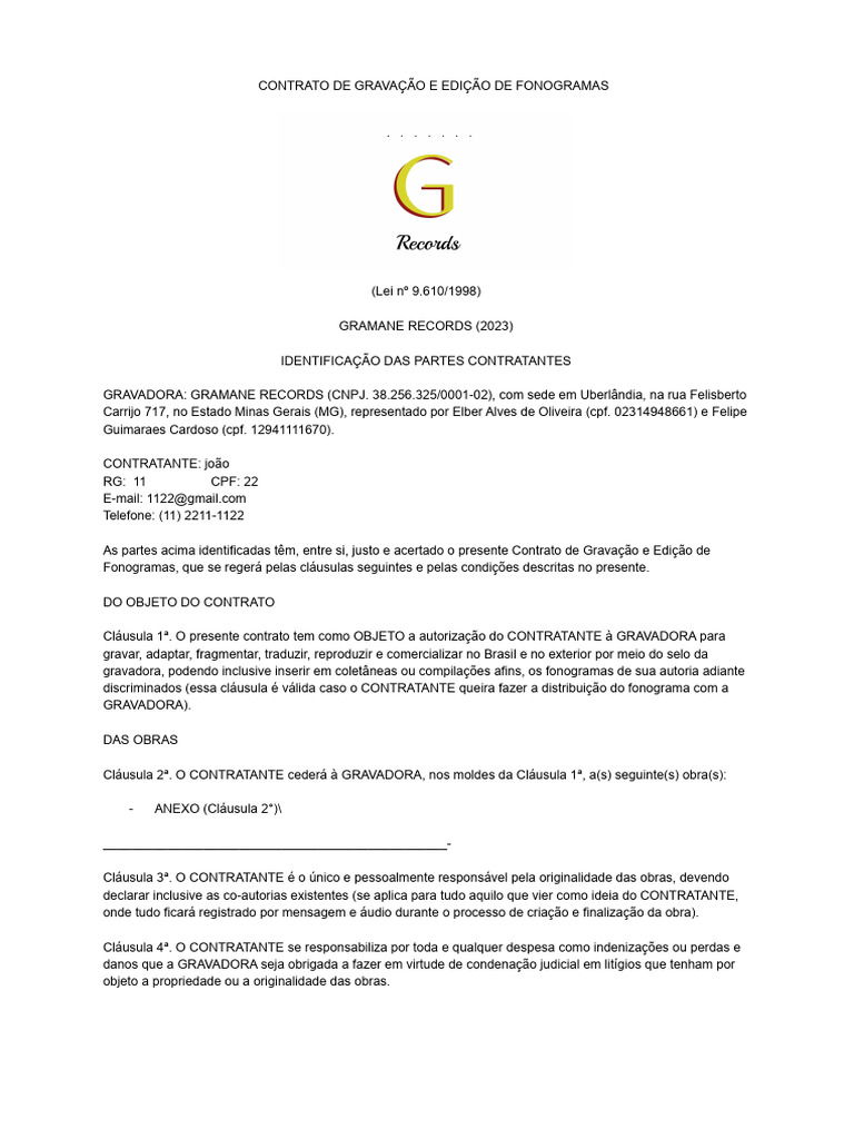 Contrato de Gravação com Gramane Records | PDF