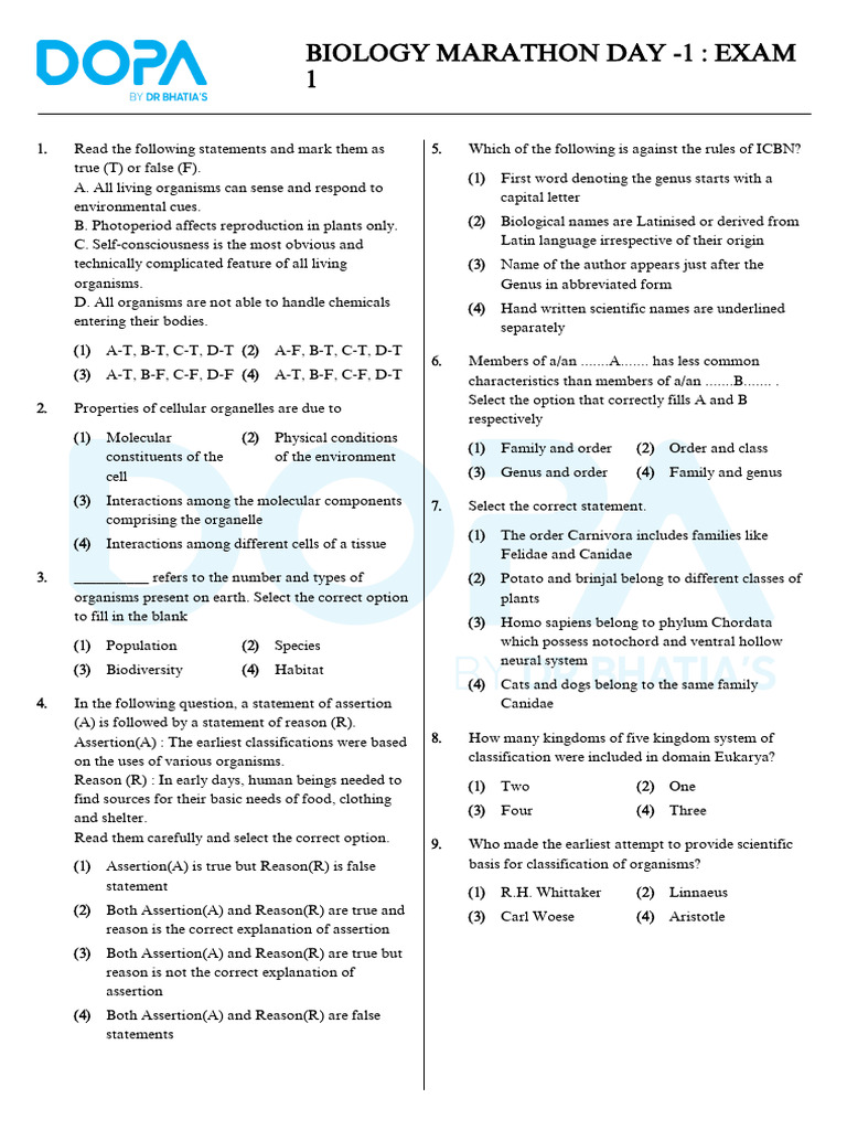Biology Marathon Day -1 Exam 1 q | PDF | Flowers | Branches Of Botany