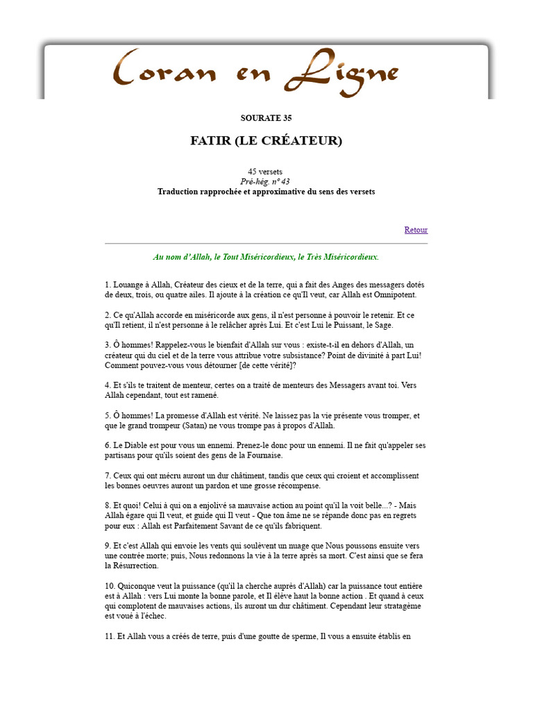 Interprétation de la Sourate Fatir | PDF | Allah | Conceptions de Dieu