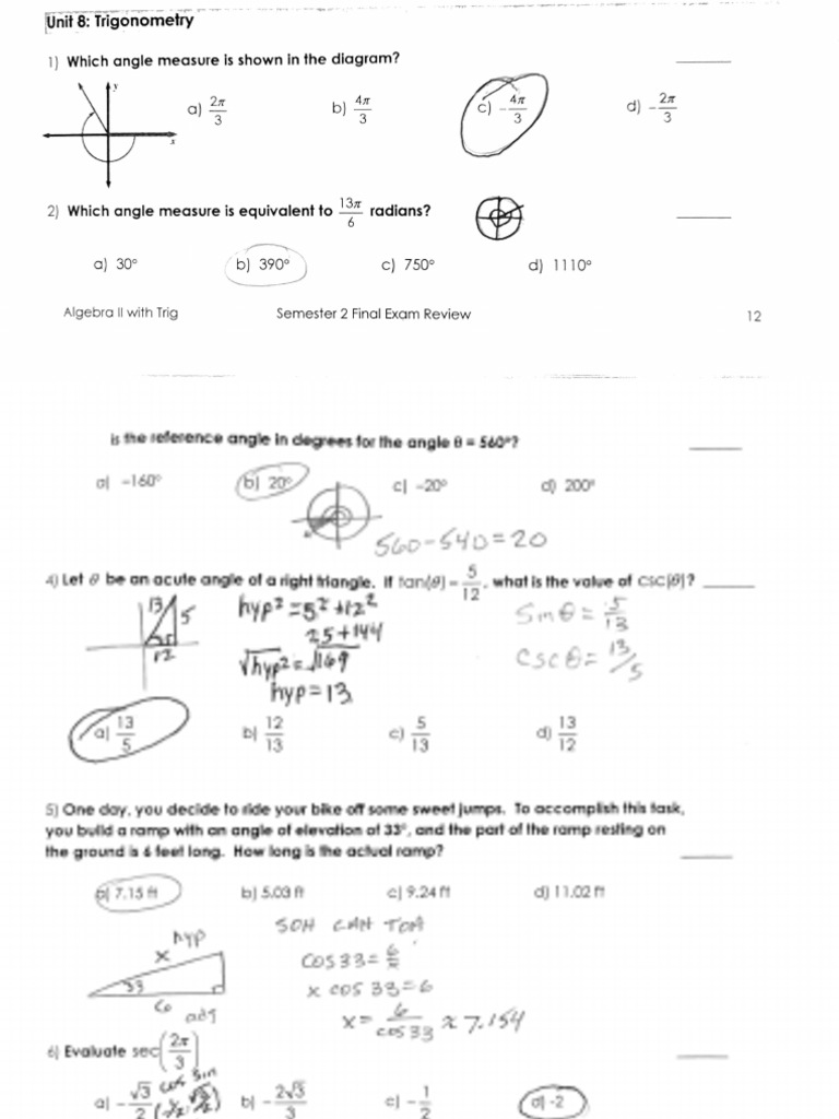 A2T Semester 2 Unit 8 Exam Review Key - Trigonometry | PDF