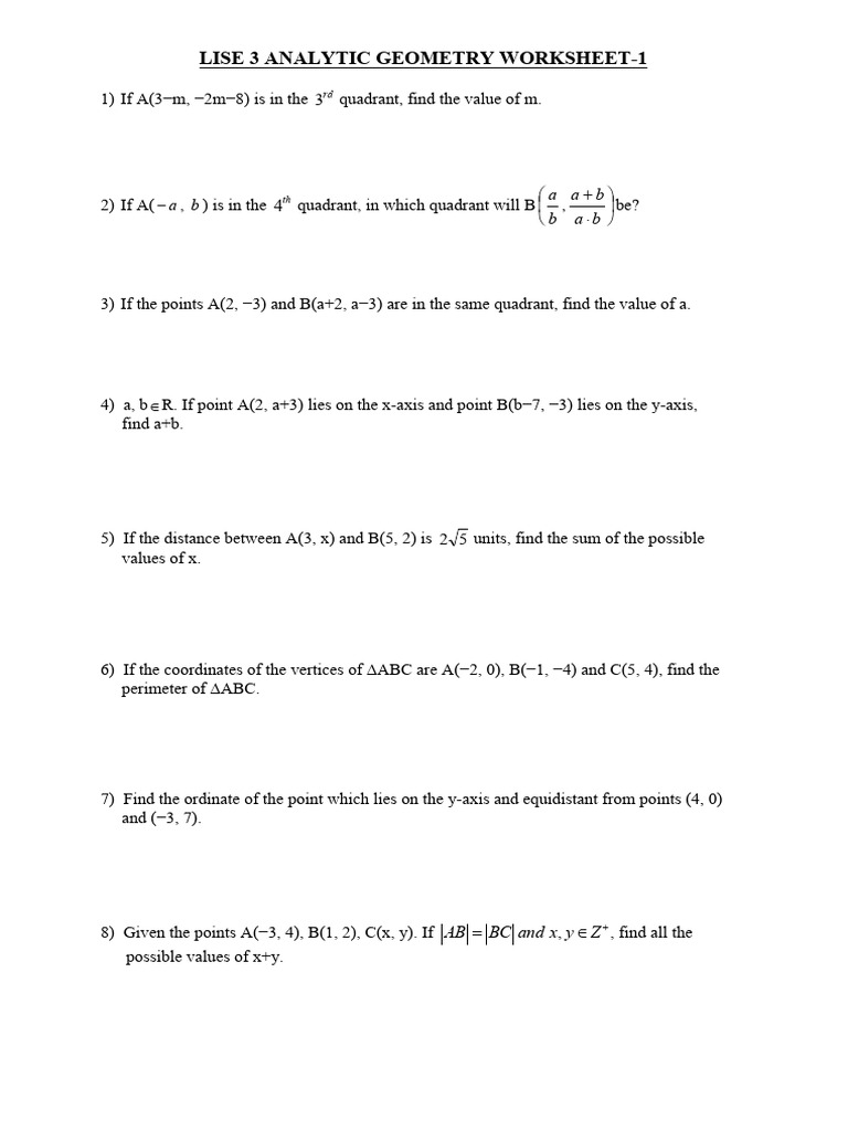 Analytic Geometry Worksheet Solutions | PDF