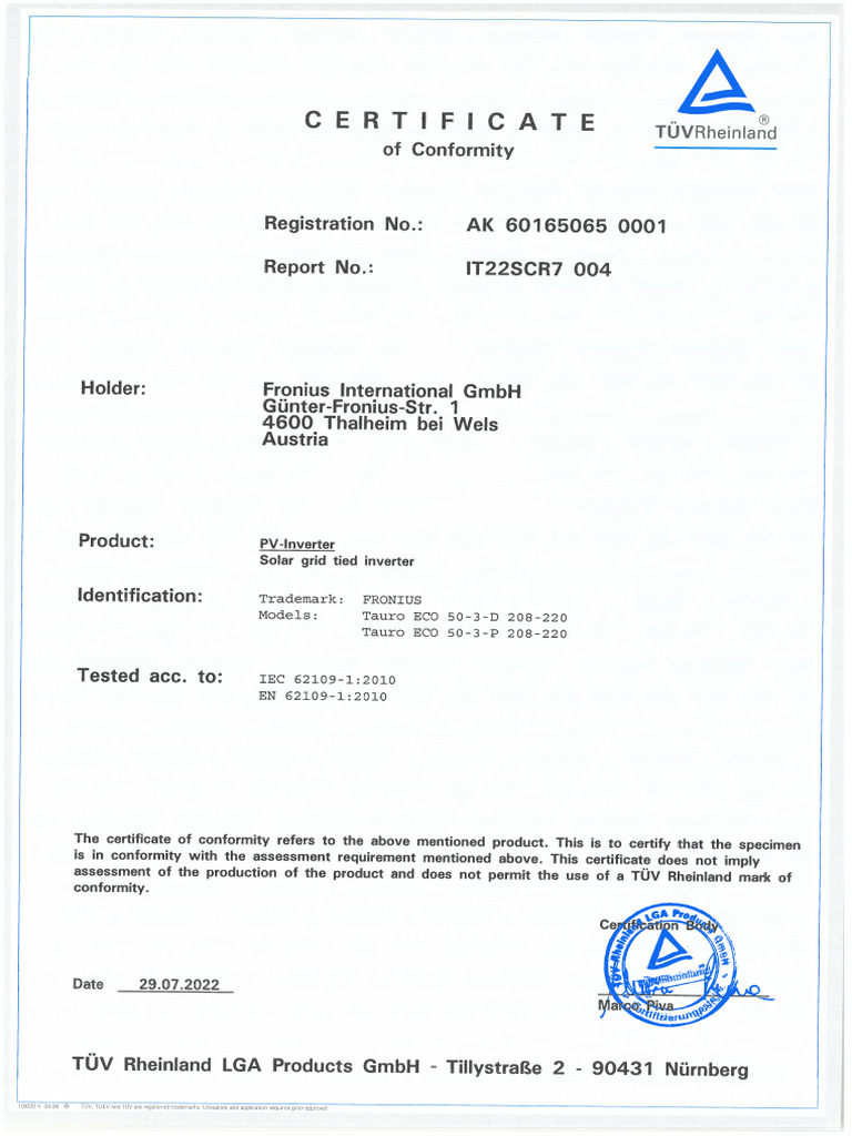 SE CER Conformity IEC 62109 Fronius TauroEco 50-208V en | PDF