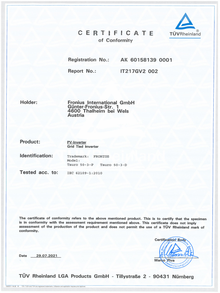 SE CER Conformity IEC 62109 1 Fronius Tauro En | PDF