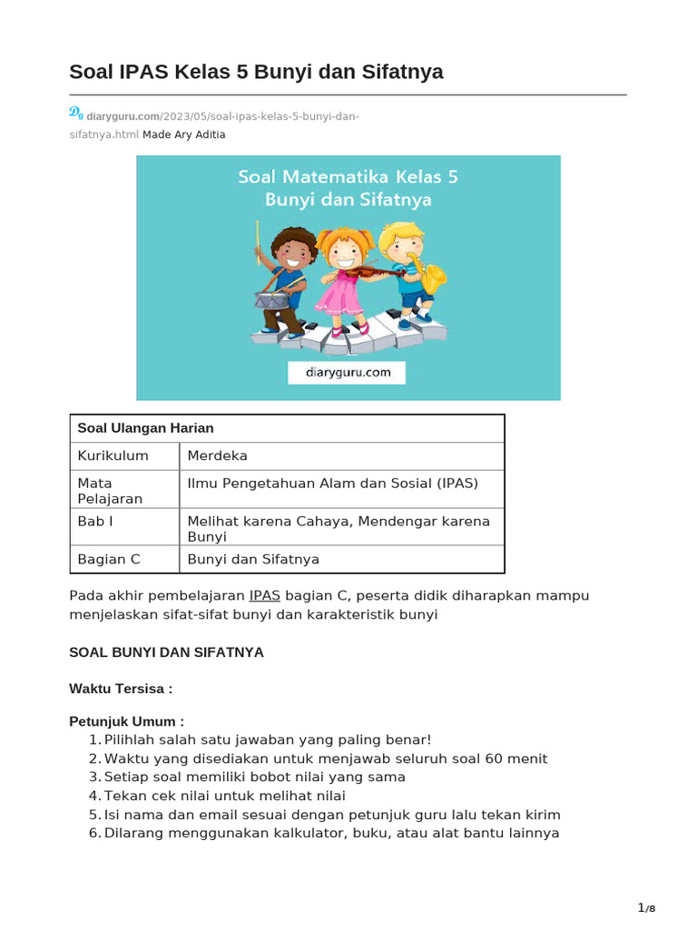 Soal IPAS Kelas 5 Bunyi Dan Sifatnya | PDF