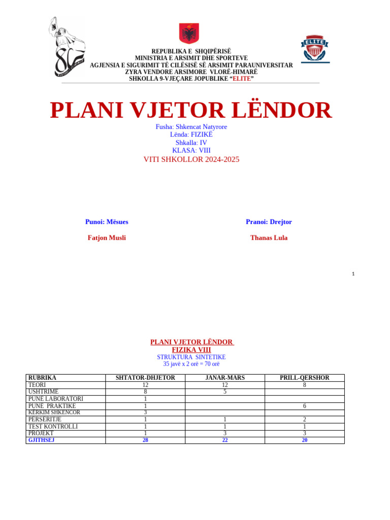 FIZIKË 8 Tremujori I 2024-2025 | PDF
