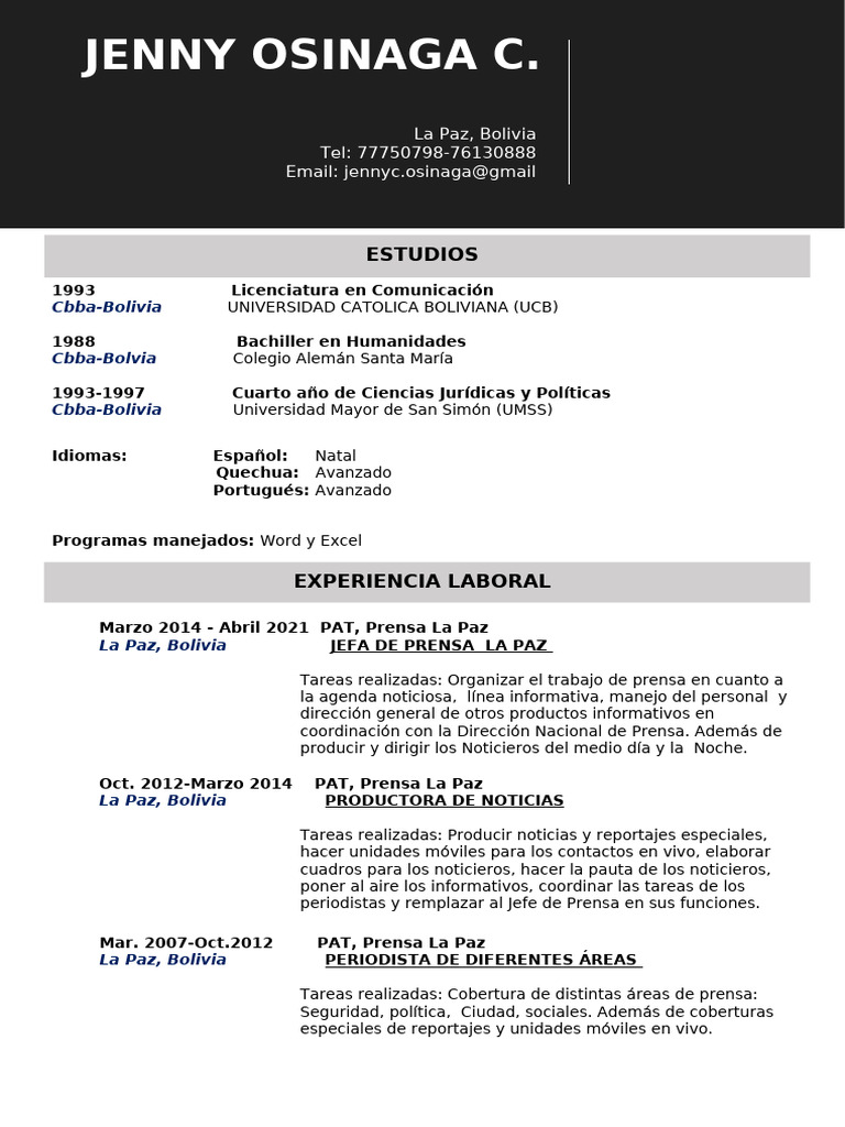 CURRICULUM JENNY OSINAGA 2021. | PDF | Bolivia | Periodismo