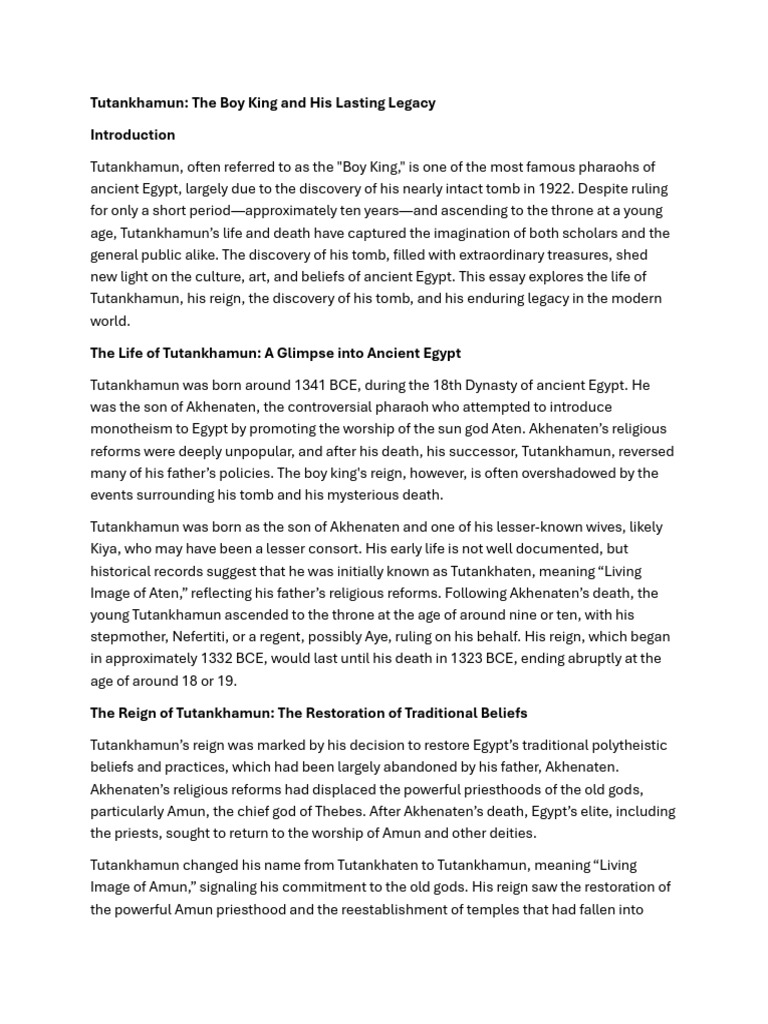 Tutankhamun The Boy King and His Lasting Legacy | PDF | Tutankhamun ...