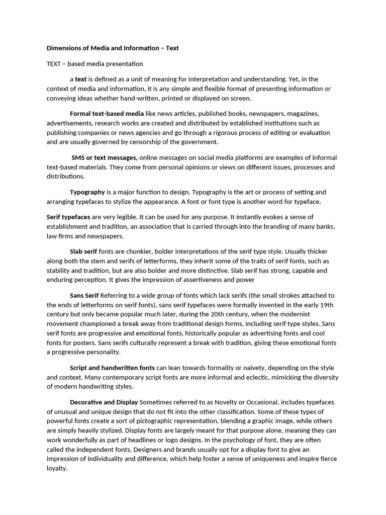 Lec 3 Dimensions of Media and Information Text | PDF | Typefaces | Typography