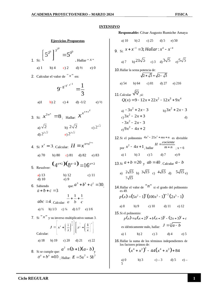Algebra Tumbes Intensivo | PDF | Matemática Elemental | Matemáticas