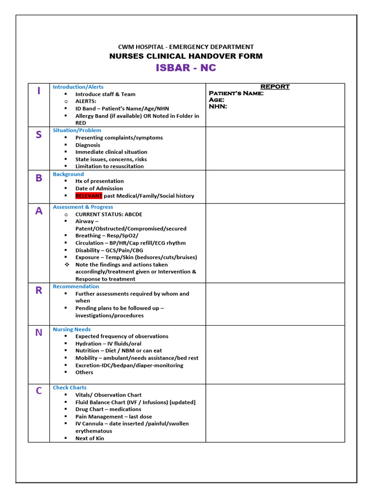 5. Isbar Clinical Handover Form - Template | PDF