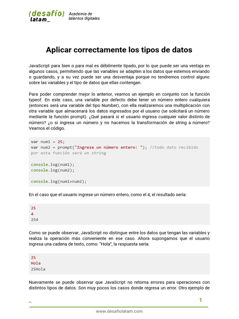 Tipos de datos en JavaScript: Ejemplos y validaciones | PDF | Script Java | Tipo de datos