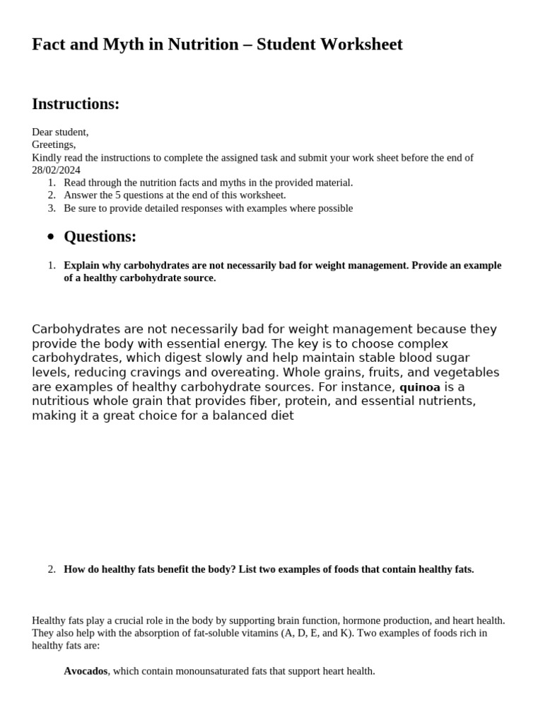 Nutrition Myths and Facts Worksheet | PDF | Dieting | Weight Management