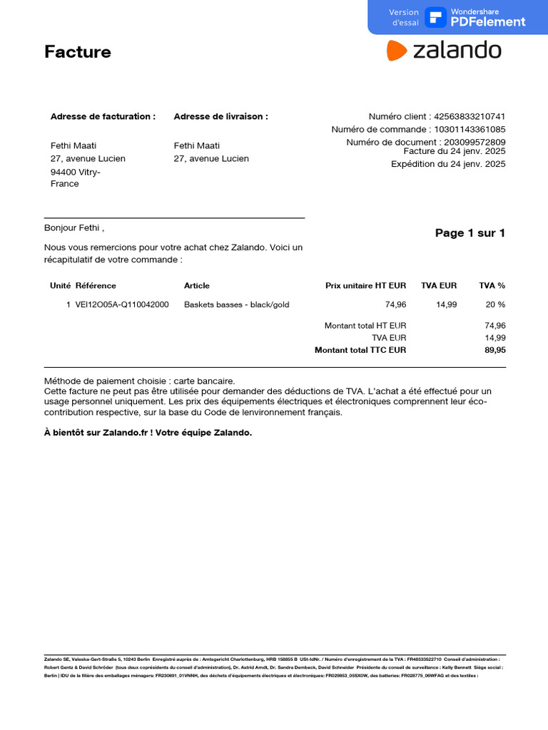 Facture Zalando - Commande 10301143361085 | PDF | Facture | Taxe sur la ...